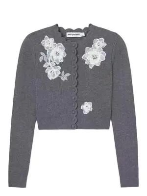 SELF-PORTRAIT Lace-Flower Knit Cardigan Black