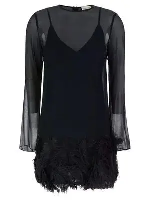 SEMICOUTURE Feather-trim Sheer-sleeve Mini Dress - Black