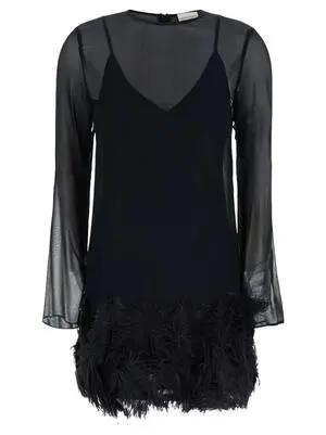 SEMICOUTURE Feather-trim Sheer-sleeve Mini Dress - Black