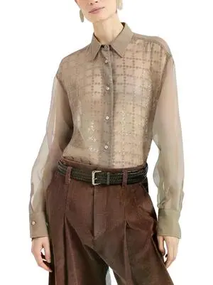 Brunello Cucinelli Sequin-embroidered Check Shirt - Brown