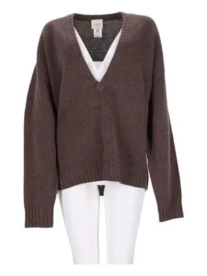 ALYSI Merino Wool & Cashmere V-neck Sweater - Brown