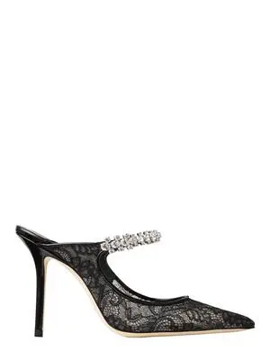 JIMMY CHOO Bing 100 Lace Mules With Crystal Strap Black