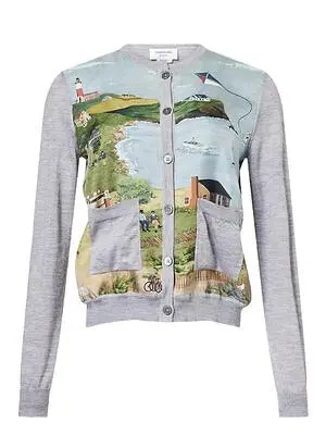 Thom Browne Nantucket Scenic-print Cashmere And Silk-blend Cardigan - Lt Grey