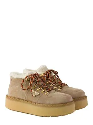 Prada Shearling-lined Suede Booties - Neutrals