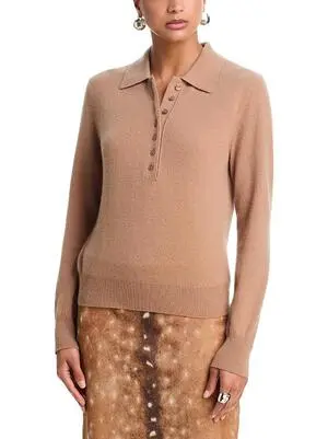 Aqua Cashmere Henley Polo Sweater - Camel