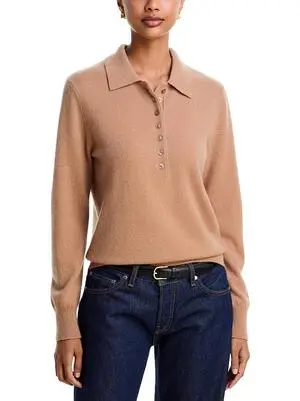 Aqua Cashmere Henley Polo Sweater - Camel