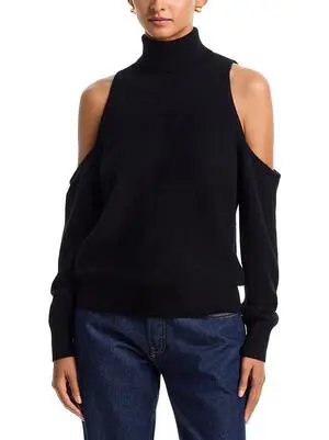 Aqua Cashmere Cold Shoulder Turtleneck Sweater - Black