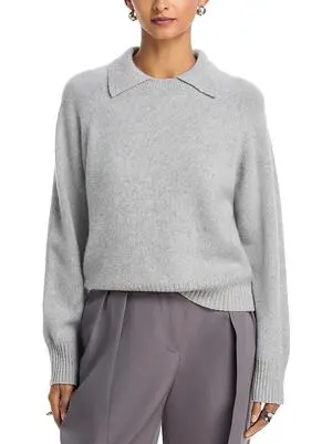 Aqua Cashmere Collared Crewneck Sweater - Light Grey