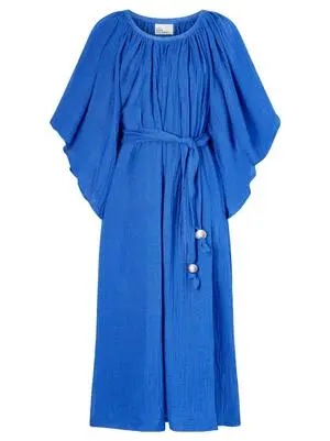 Lisa Marie Fernandez Embellished Belted Crinkled Linen-blend Gauze Midi Dress - Blue