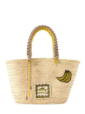 ALEMAIS Woven Raffia-effect Bucket Bag With Logo Appliqu - Nude