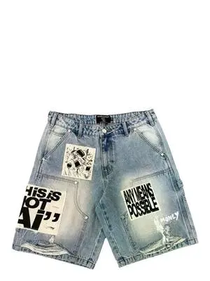 Mixed Emotion Patchwork Distressed Denim Shorts - Blue