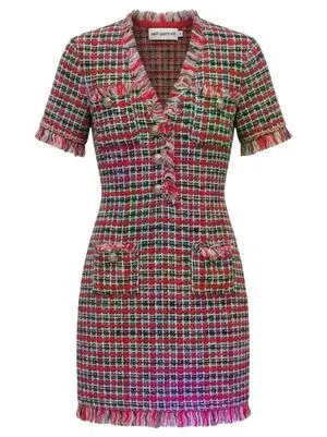 SELF-PORTRAIT Check Frayed Knit Mini Dress - Red