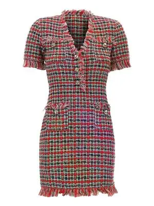 SELF-PORTRAIT Check Frayed Knit Mini Dress - Red