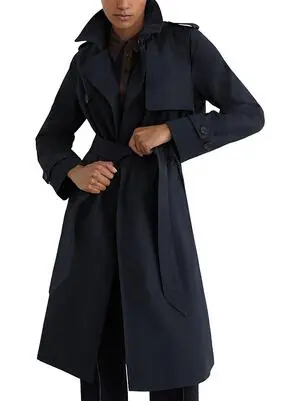 REISS Azura Hooded Double Breasted Trench Coat - Navy