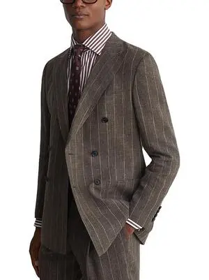 REISS Miramare Peak Lapel Pinstripe Double Breasted Linen Cotton Blazer