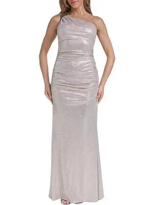 Eliza J One Shoulder Side Ruched Metallic Gown - Gold