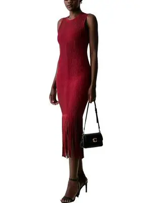 Dkny Midi Ribbed-knit Fringe-trim Dress - Red