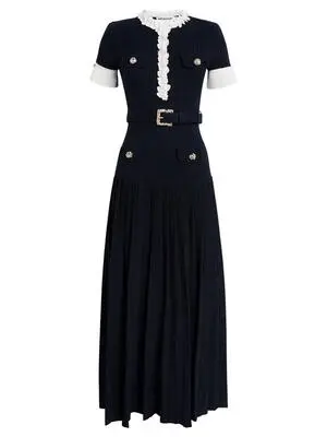 SELF-PORTRAIT Self-Portrait Ribbed Ruffle-Detail Midi Dress