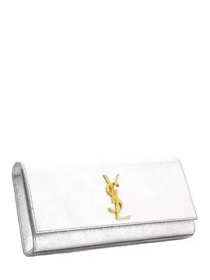 Saint Laurent Monogram Metallic Calfskin Long Clutch Bag - Silver