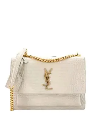 Saint Laurent Sunset Crocodile Embossed Leather Medium Crossbody Bag - White