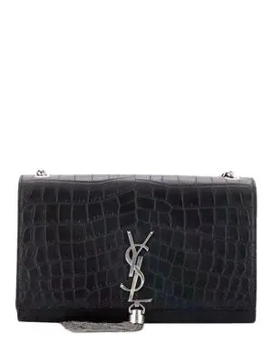Saint Laurent Classic Monogram Tassel Crocodile Embossed Leather Medium Crossbody Bag - Black