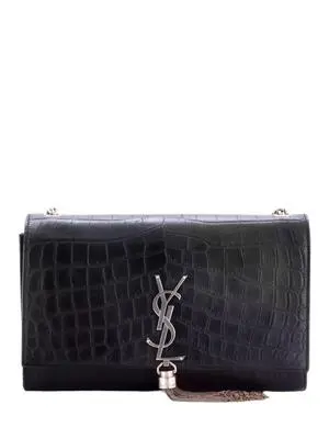 Saint Laurent Classic Monogram Tassel Crocodile Embossed Leather Medium Crossbody Bag - Black