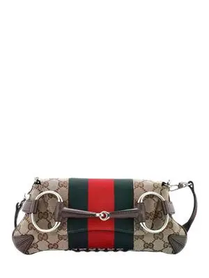 Gucci Gucci Horsebit Web Chain Clutch GG Canvas Small Shoulder Bag Brown