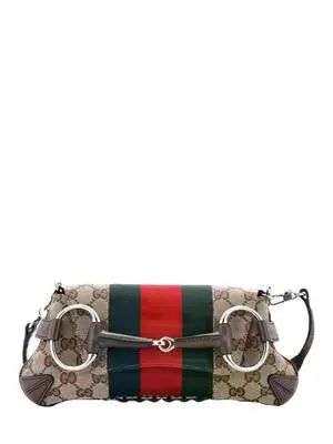 Gucci Horsebit Web Chain Clutch Gg Canvas - Brown