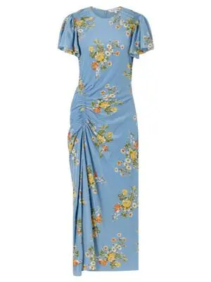 Veronica Beard Gathered Floral-print Silk-blend Satin Midi Dress - Blue