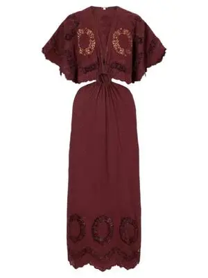 Johanna Ortiz Floral Embroidered V-neck Dress - Red