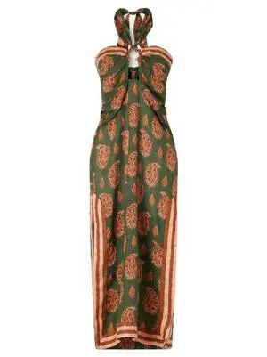 Johanna Ortiz Embellished Printed Cut-out Linen Maxi Dress - Green