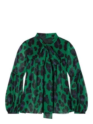 Anna Sui Gathered Leopard-print Georgette Blouse - Green