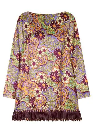ALEMAIS Floral-print Fringed Satin Mini Dress - No
