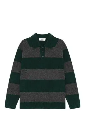 LES DEUX Striped Long-sleeve Polo Sweater - Green