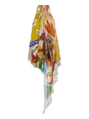 ALEMAIS Asymmetrical Printed Organza Halterneck Tank - Brown