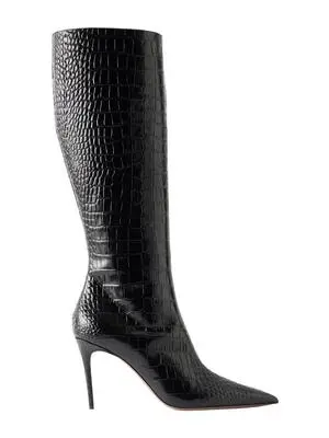 Paris Texas Croc-effect Leather Knee Boots - Black
