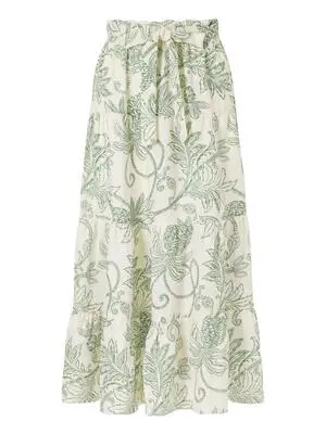 LEMLEM Lemlem Tiered Printed Linen Midi Skirt No