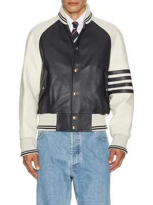 Thom Browne Oversized Raglan Sleeve Leather Jacket - Navy