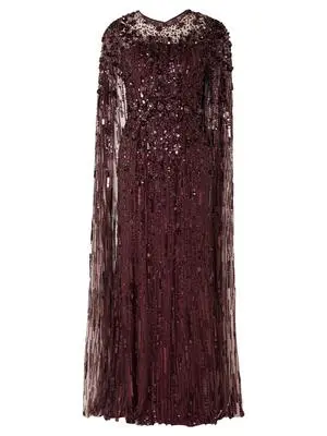 Jenny Packham Ruby Cape-effect Embellished Tulle Gown - Red