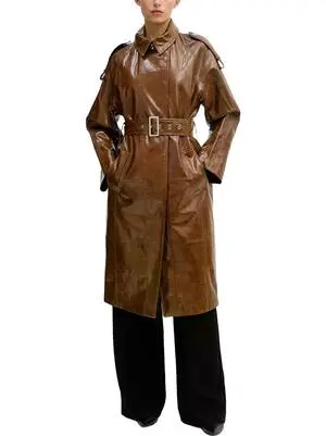 Sisley Belted Crinkled-finish Coat - Brown
