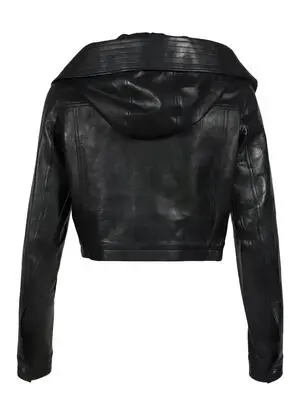 DET BLEV SENT Cropped Hooded Leather Jacket - Black
