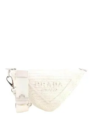 Prada Triangle Logo Zip Crochet Raffia Small Crossbody Bag - White