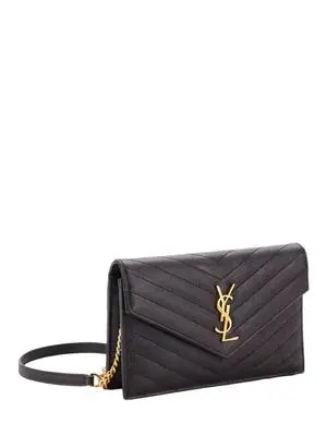 Saint Laurent Classic Monogram Wallet On Chain Matelasse Chevron Leather Small Crossbody Bag - Black