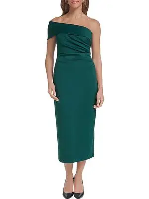 Eliza J One Shoulder Side Pleat Midi Dress - Hunter
