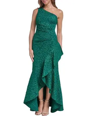 Eliza J One Shoulder Side Pleat Ruffle Hem Gown - Hunter