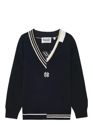 Mitchell & Ness Branded Contrasting V-neck Sweater - Black
