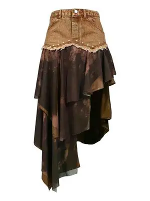 VIVAMUS Tiered Denim Midi Skirt - Brown