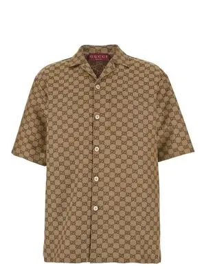 Gucci Beige Bowling Shirt With Gg All-over Motif In Linen - Multicolor