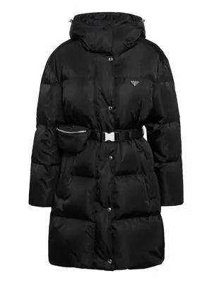 Prada Re-nylon Long Down Jacket With Belt Bag - Black