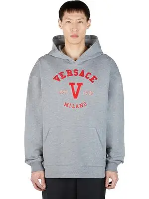 Versace Varsity Logo Patch Hooded Sweatshirt - Gray